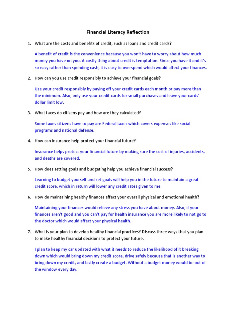 Lesson 14 - Financial Literacy Reflection | PDF