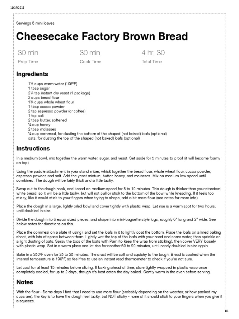 Cheesecake Factory Brown Bread | PDF | Dough | Breads