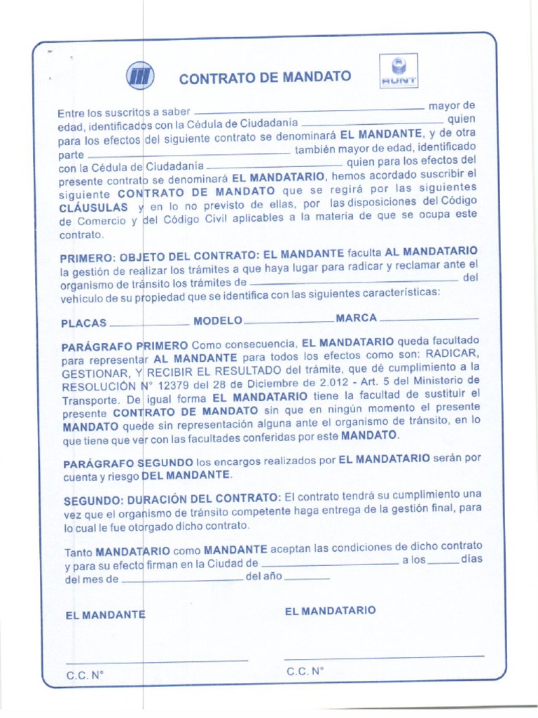 Contrato de Mandato Tránsito Colombia 2019 | PDF