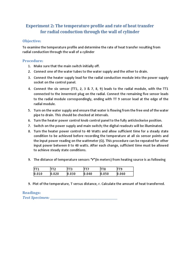 Experiment 2: The Temperature Profile and Rate of Heat Transfer For ...