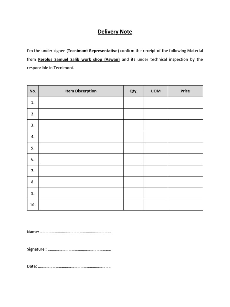 Tecnimont Delivery Note Receipt | PDF
