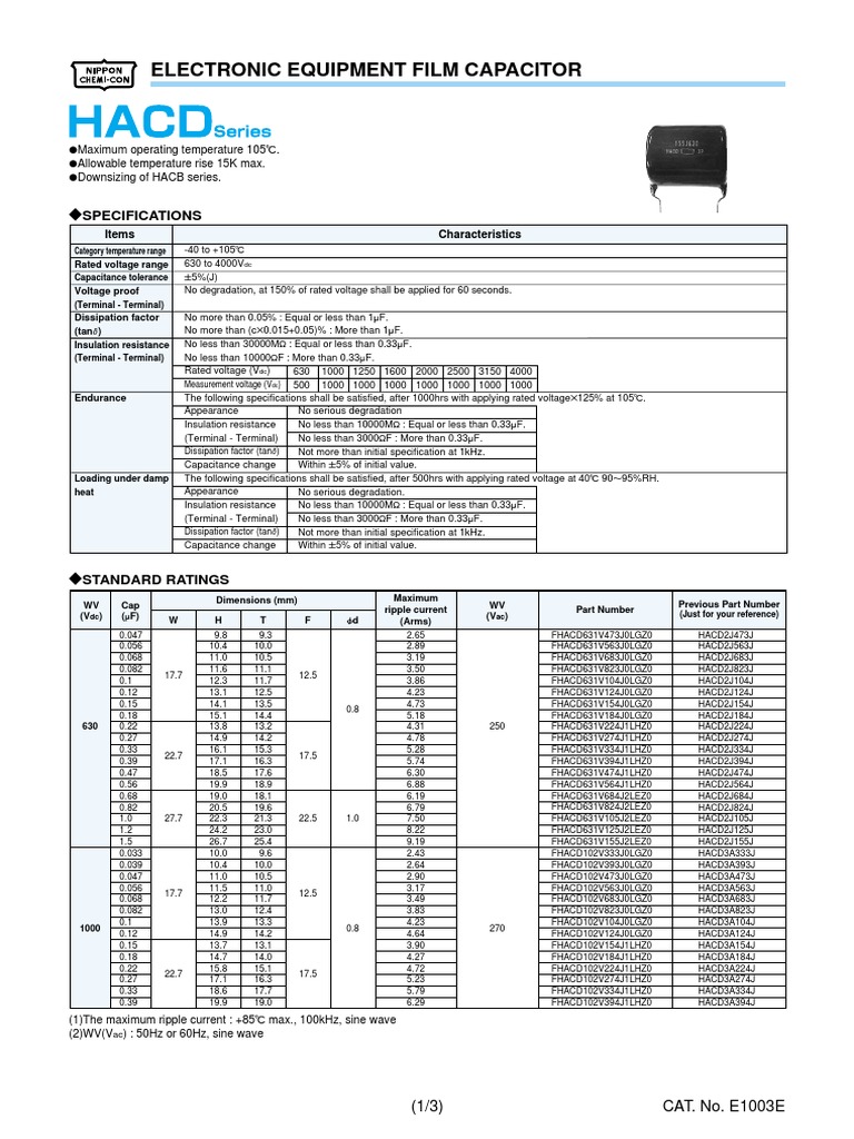 Electronic Equipment Film Capacitor: Specifications | PDF | Capacitor ...