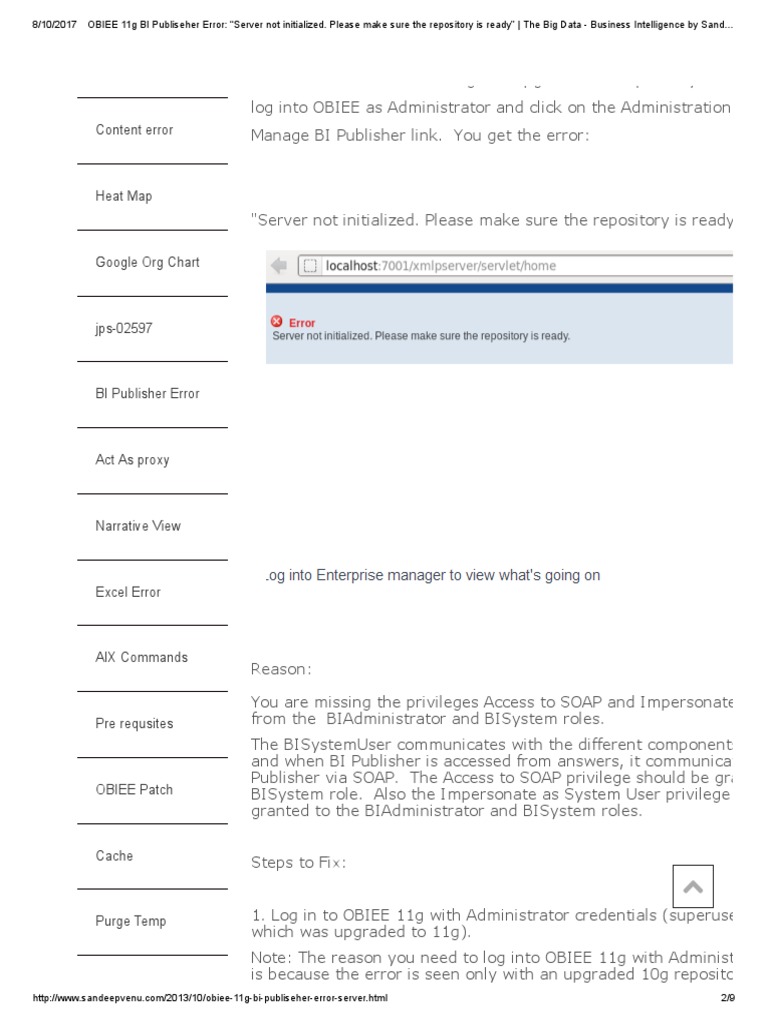 OBIEE 11g BI Publiseher Error - "Server Not Initialized | PDF | Superuser | System Software