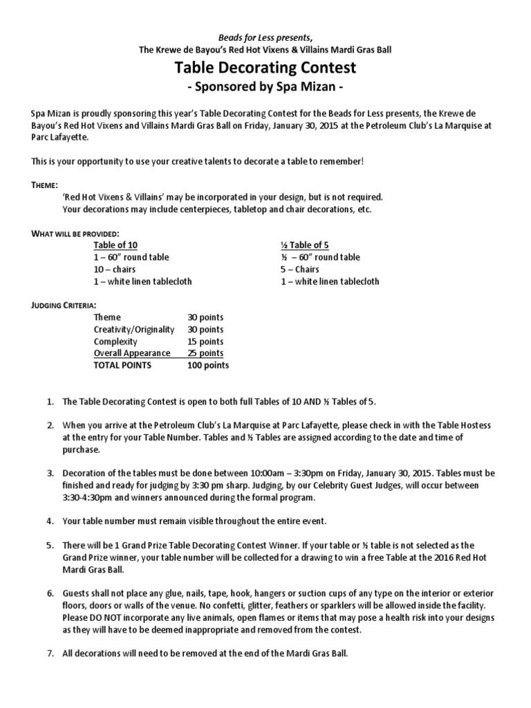 2015 Red Hot Ball Table Decorating Contest Info Rules | PDF | Leisure