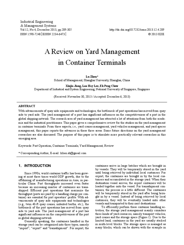 A Review On Yard Management In Container Terminals Pdf Mathematical Optimization Linear