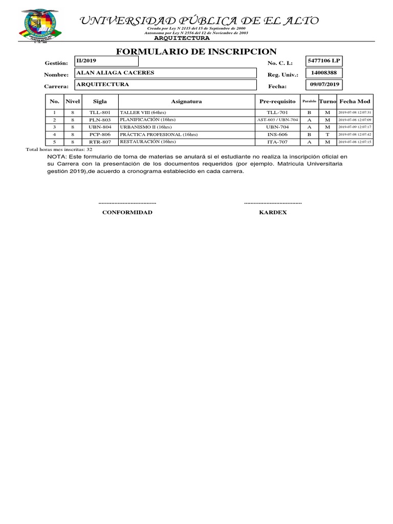 Boleta de Inscripcion Upea | PDF