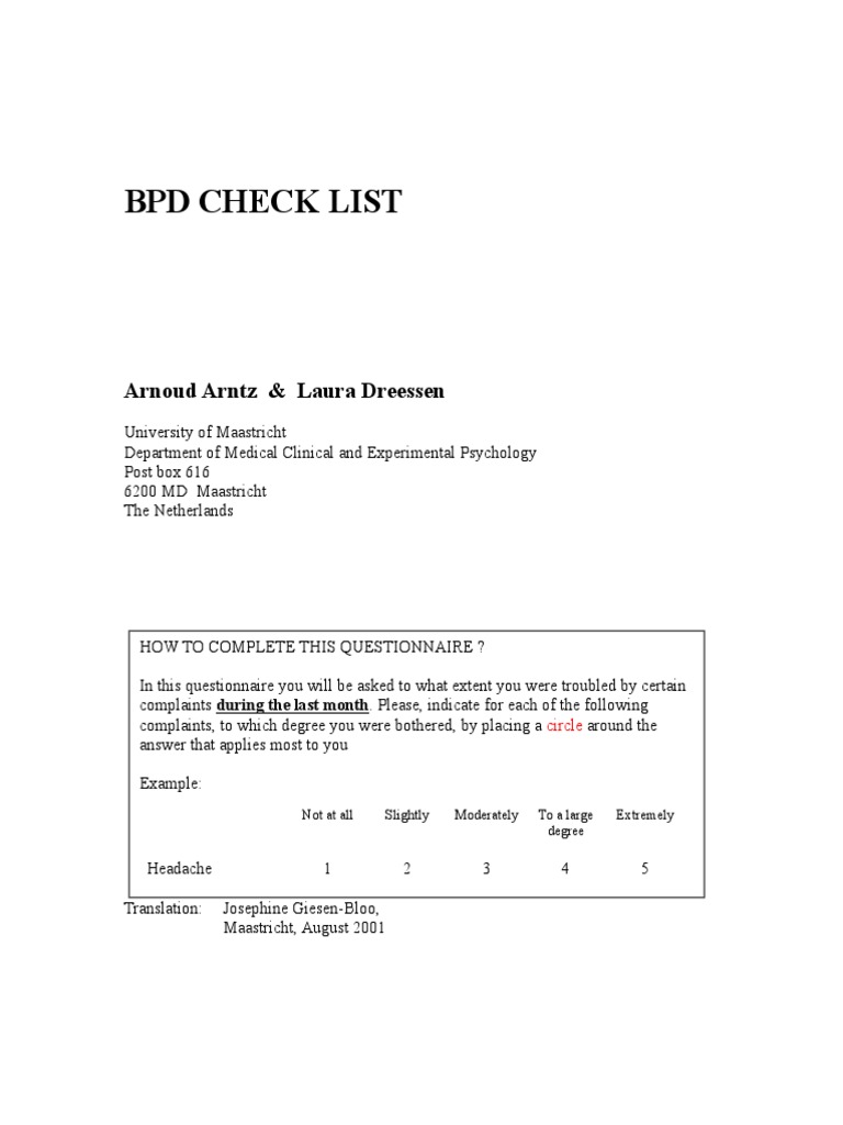 Arntz, BPD Check List | PDF | Psychiatry | Psychology