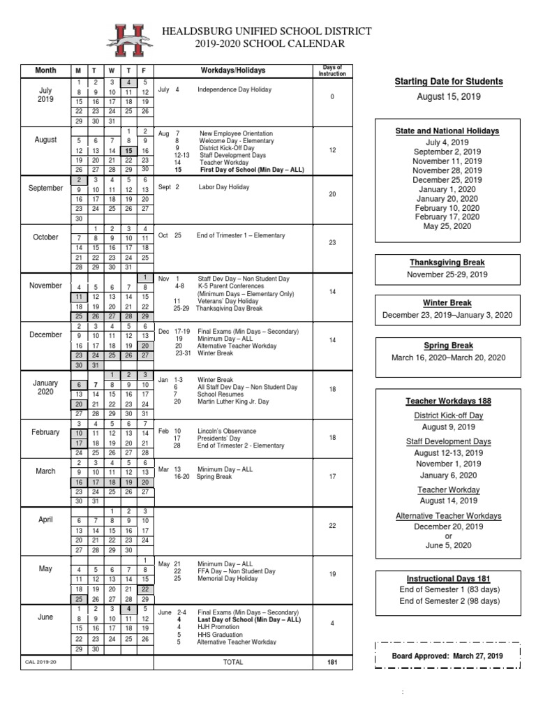 Healdsburg Unified School District 2019-2020 School Year Calendar | PDF ...