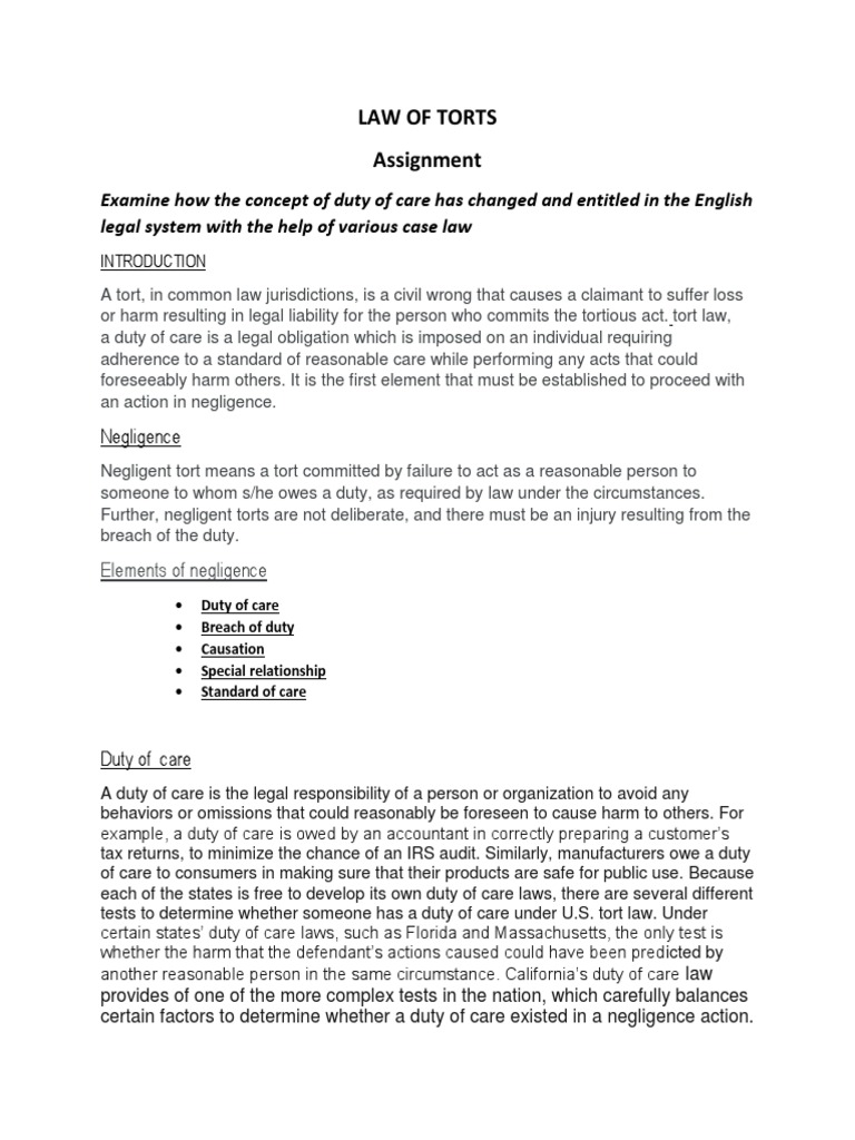Tort Assignment | PDF | Duty Of Care | Negligence