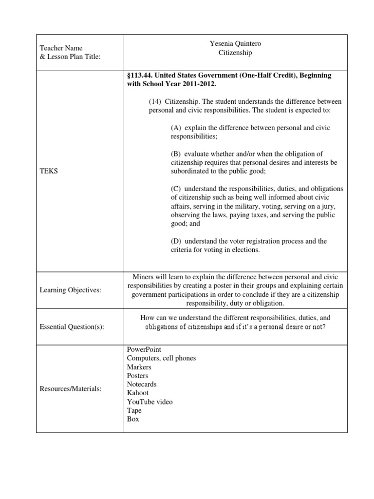 Citizenship Lesson Plan | PDF | Citizenship | Lesson Plan