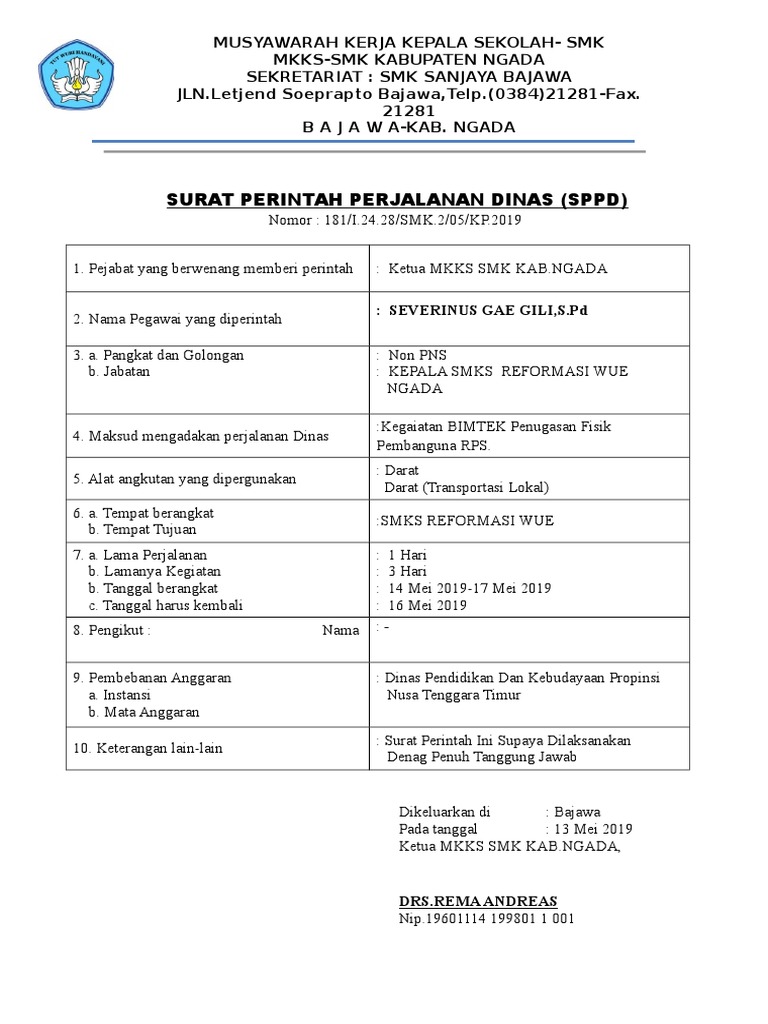 Contoh SPPD Perjalanan Dinas Kepala Sekolah | PDF