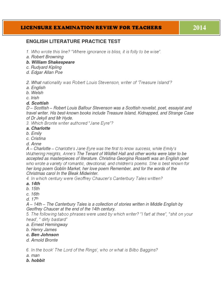 Teacher Licensure Exam Review: English Literature Practice Test | PDF ...