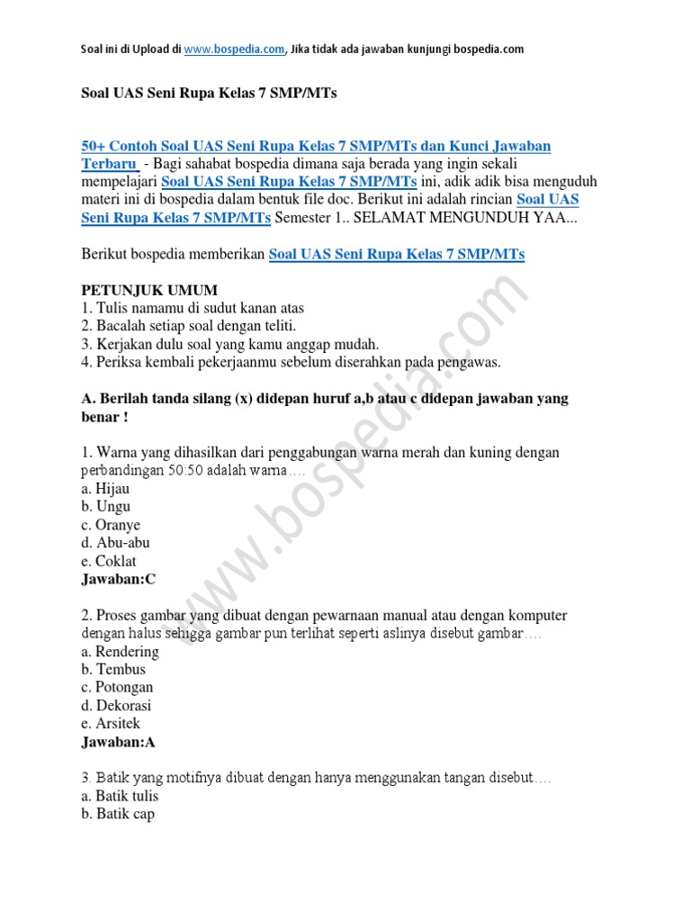 50+ Contoh Soal UAS Seni Rupa Kelas 7 SMP MTs Dan Kunci Jawaban | PDF