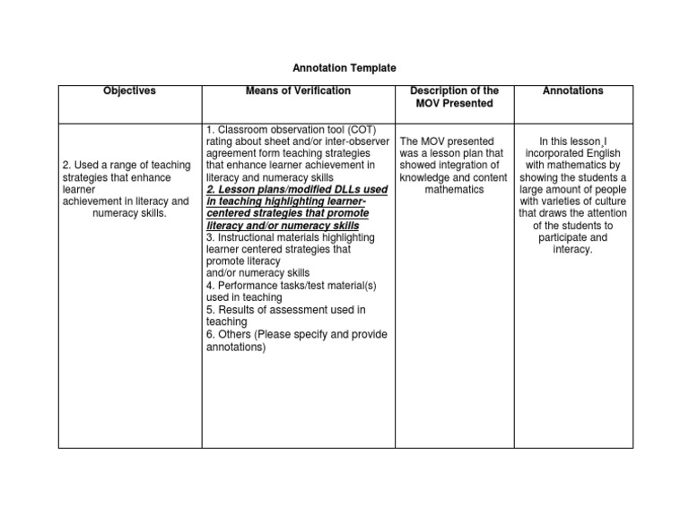 Annotation Template Objectives Means of Verification Description of The ...