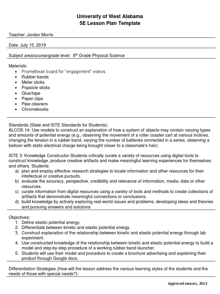 5e Lesson Plan Rubberband | PDF | Kinetic Energy | Potential Energy