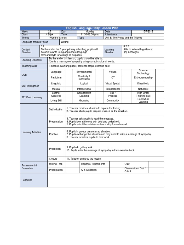 English Language Daily Lesson Plan | PDF | Educational Technology ...