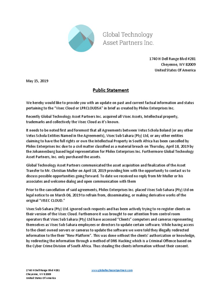Public Statement - Global Technology Asset Partners | Application ...