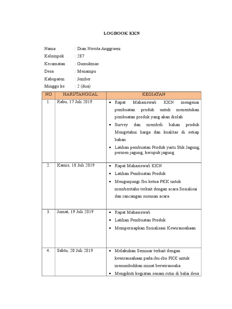 Logbook KKN Individu Minggu Kedua | PDF