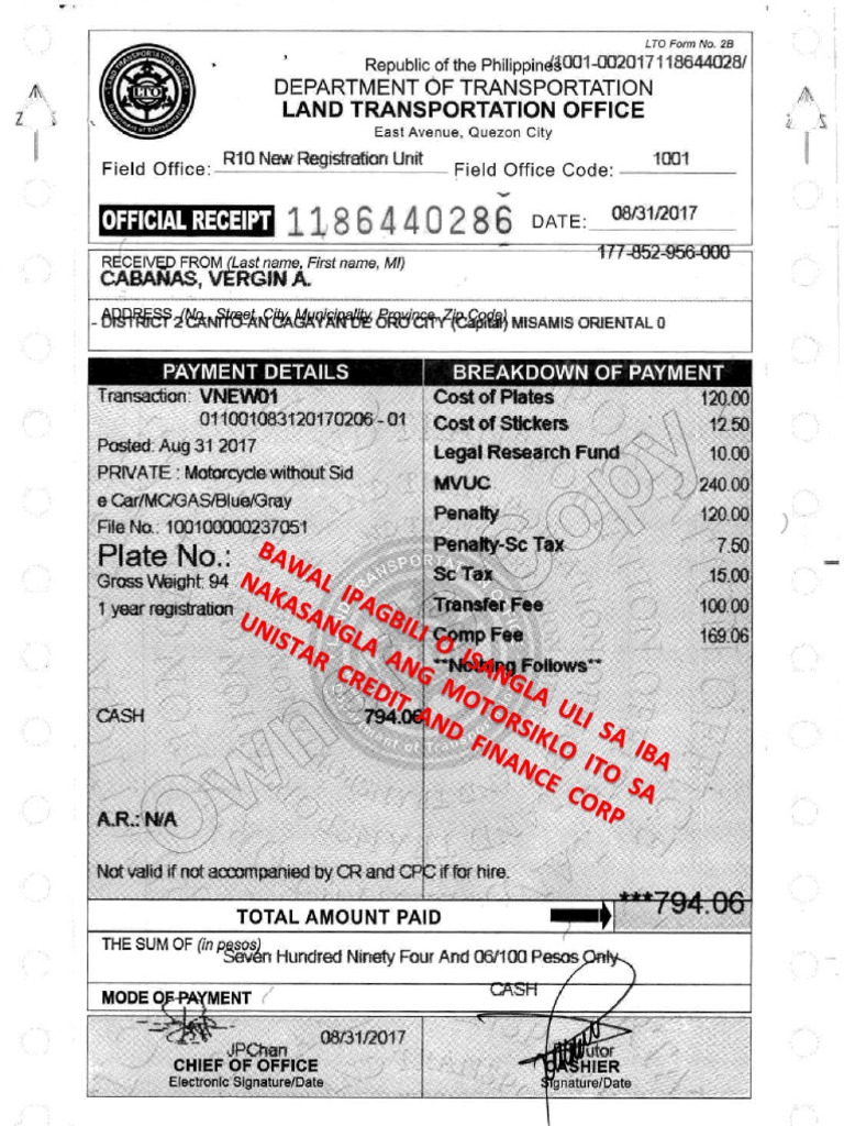Philippine Vehicle Registration Receipt | PDF