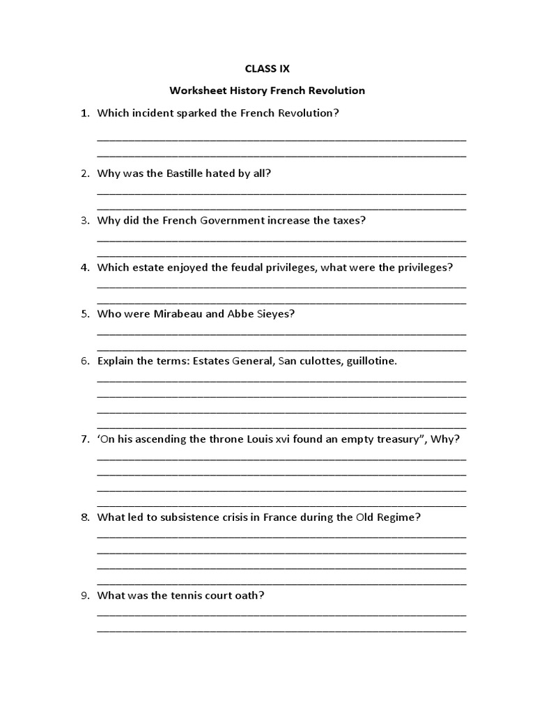 Class IX French Revolution Worksheet | PDF | French Revolution ...