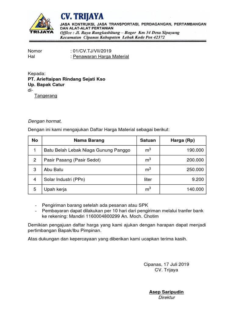 Penawaran Harga Material Batu CV Trijaya | PDF
