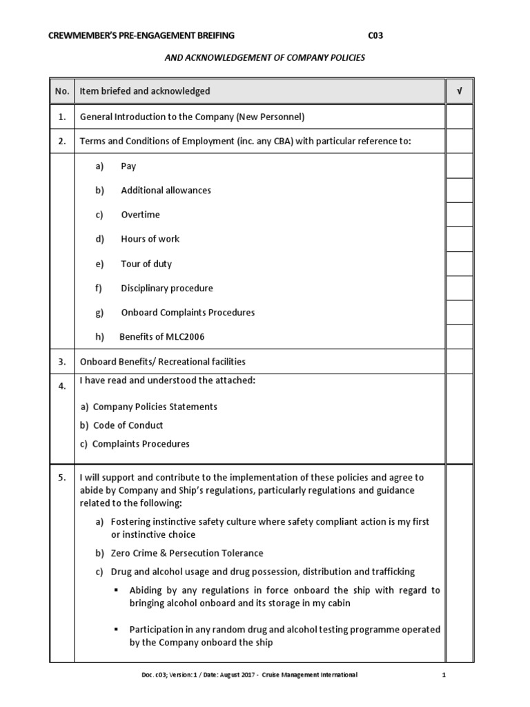 Crewmember'S Pre-Engagement Breifing C03: and Acknowledgement of ...