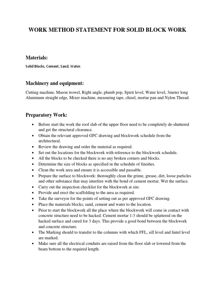 Method statement for blockwork | Masonry | Concrete