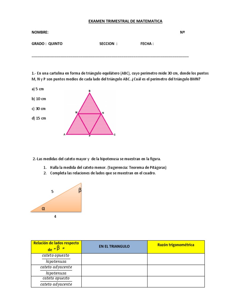 Evaluacion Trimestral de Matematica 2016 - III | PDF