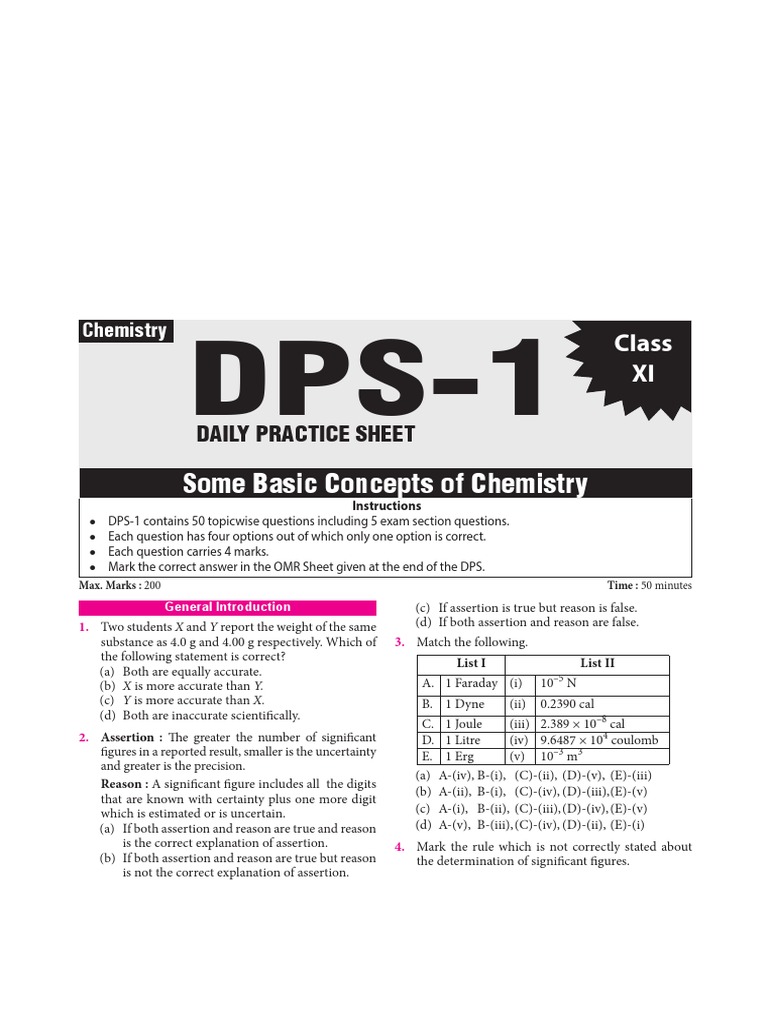 Chemistry Class XI Daily Practice Sheet 1 | PDF | Molar Concentration ...