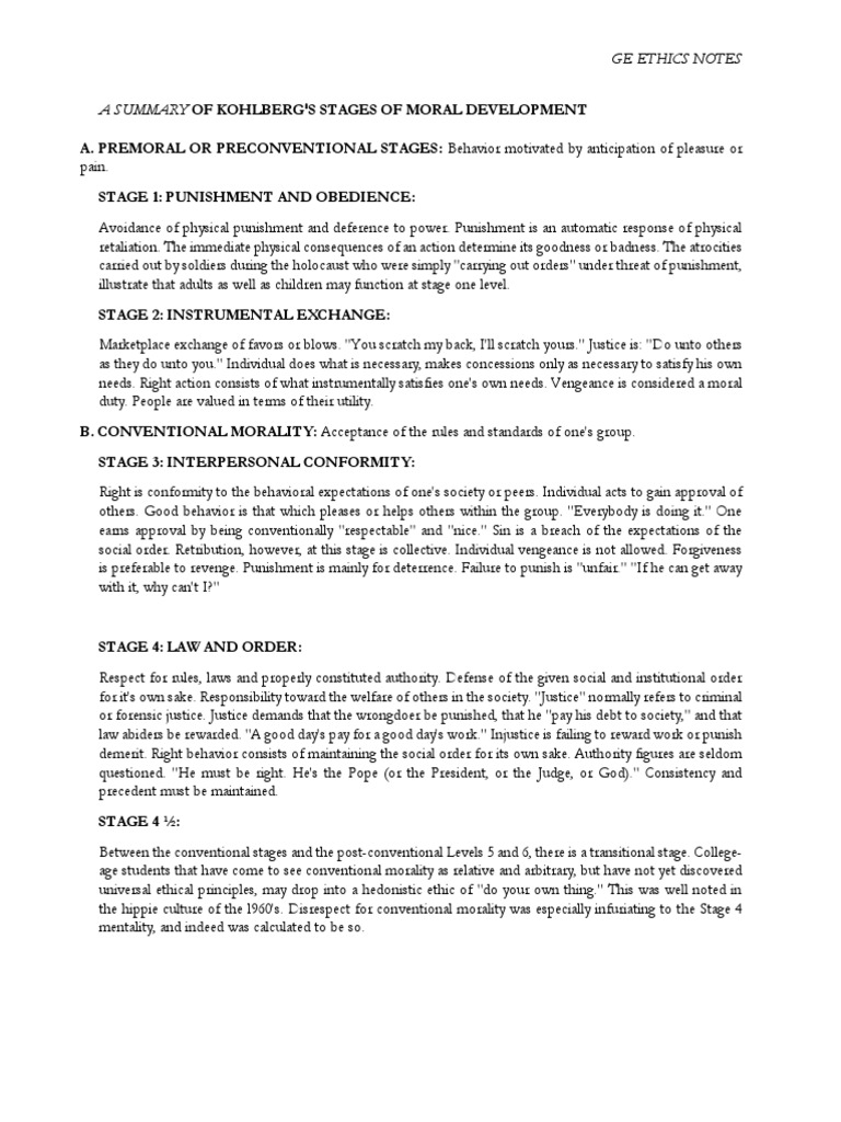 A Summary of Kohlbergs Stages of Moral Development 2 | PDF ...