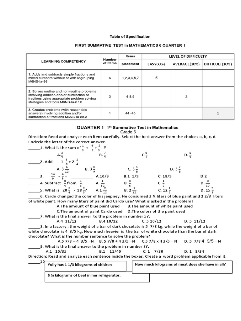 Summative Test Math | PDF | Fraction (Mathematics) | Multiplication