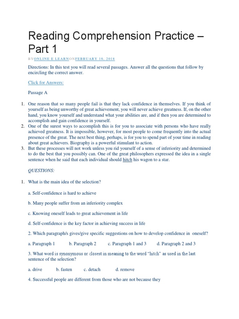Reading Comprehension Practice 1 With Answers | PDF | Reading ...