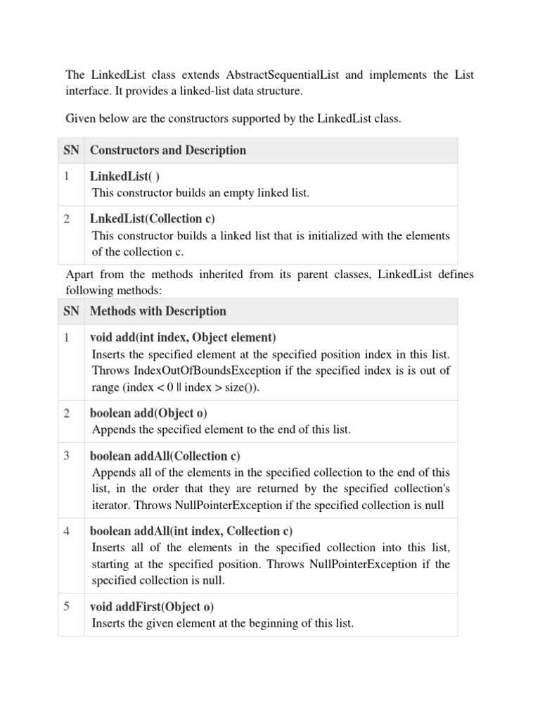 SN Constructors and Description Linkedlist | PDF | Array Data Structure | Constructor (Object ...