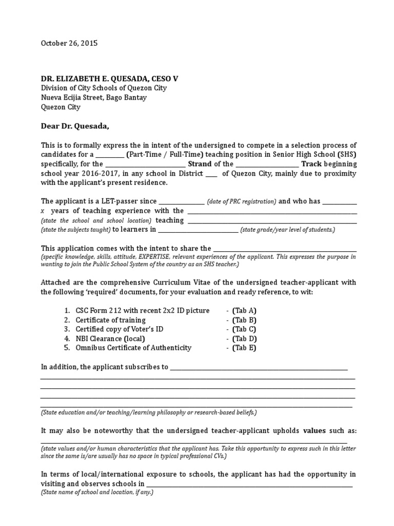 SAMPLE - LETTER OF INTENT (For Teachers in SHS) | PDF | Curriculum ...