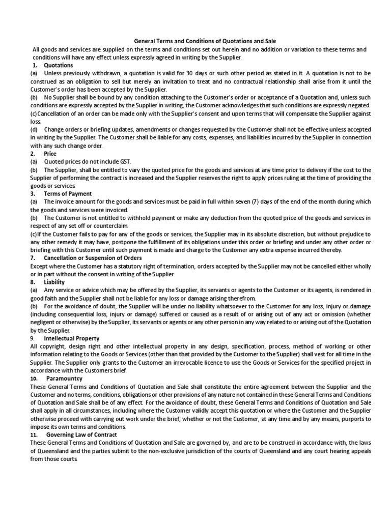 General Terms and Conditions of Quotations and Sale | PDF | Contractual ...