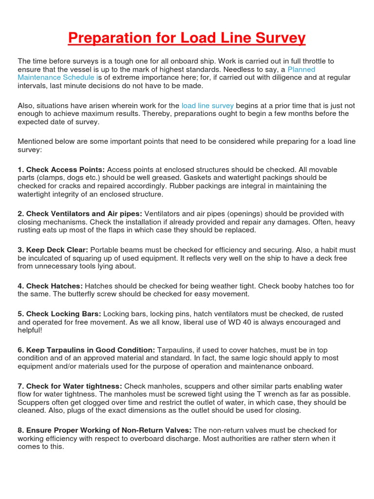 Load Line Survey Preparation Checklist | PDF | Ships | Nature