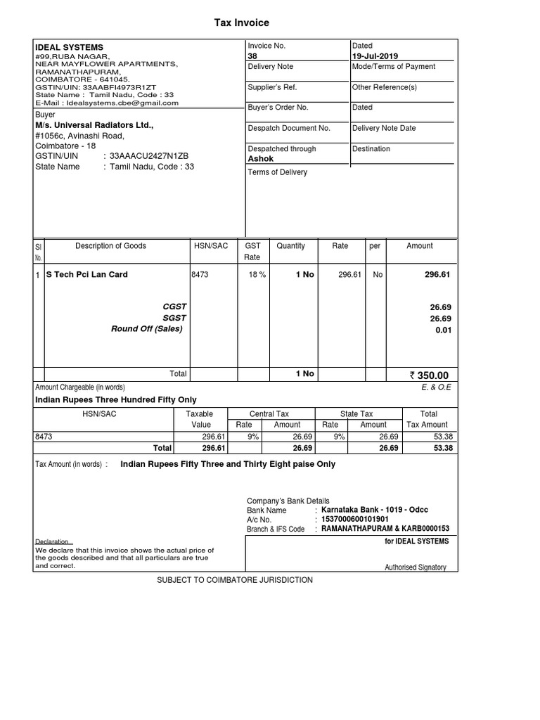 Tax Invoice: #1056c, Avinashi Road, Coimbatore - 18 Gstin/Uin ...