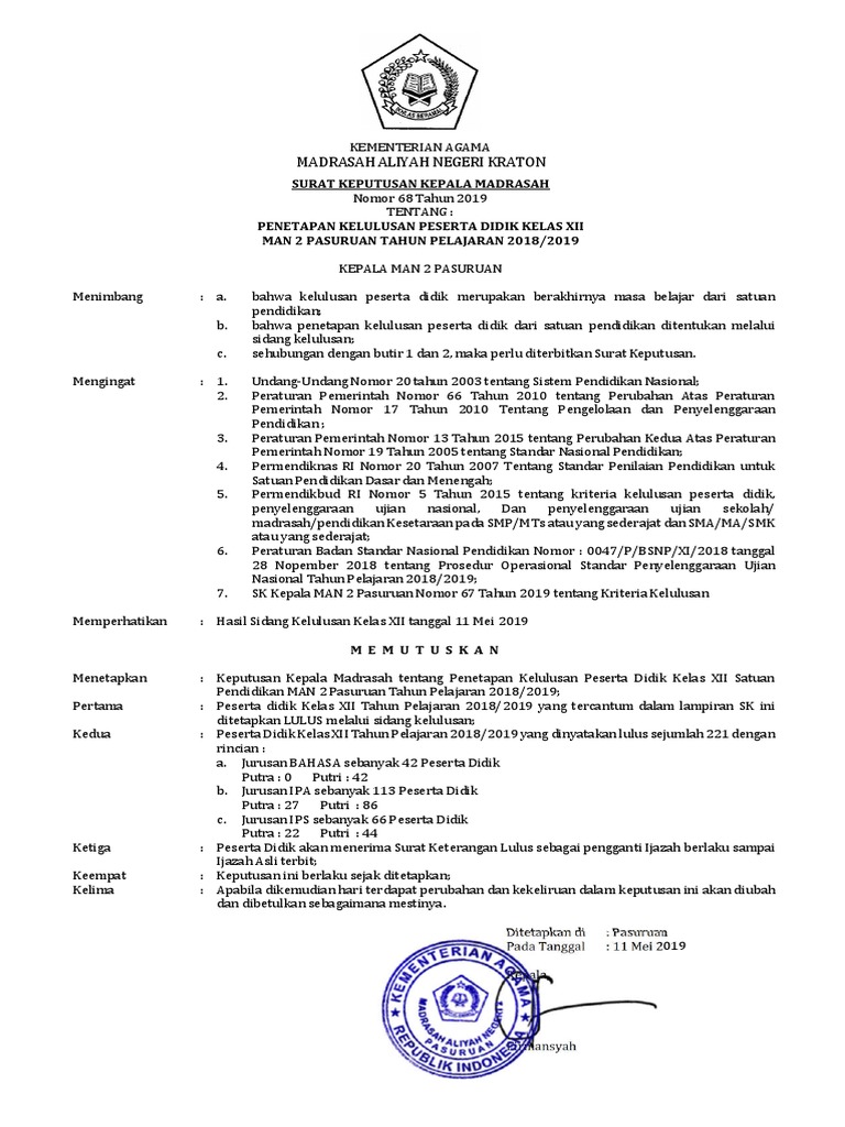 Contoh SK Penetapan Siswa Baru | PDF