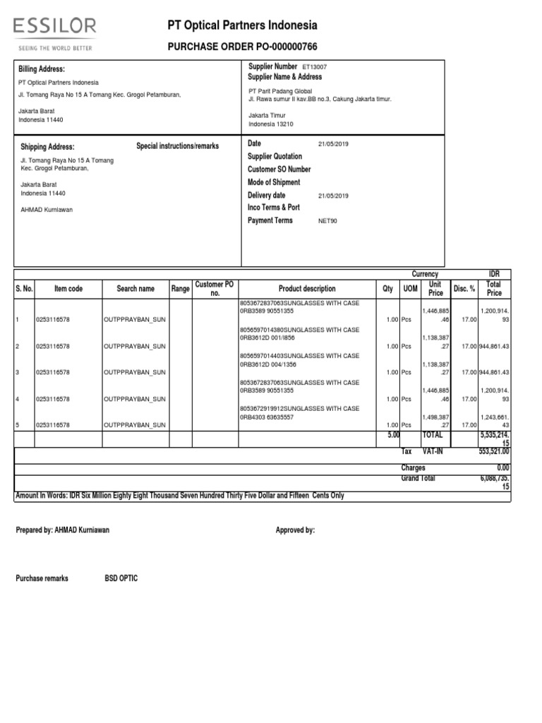 PT Optical Partners Indonesia: PURCHASE ORDER PO-000000766 | PDF ...