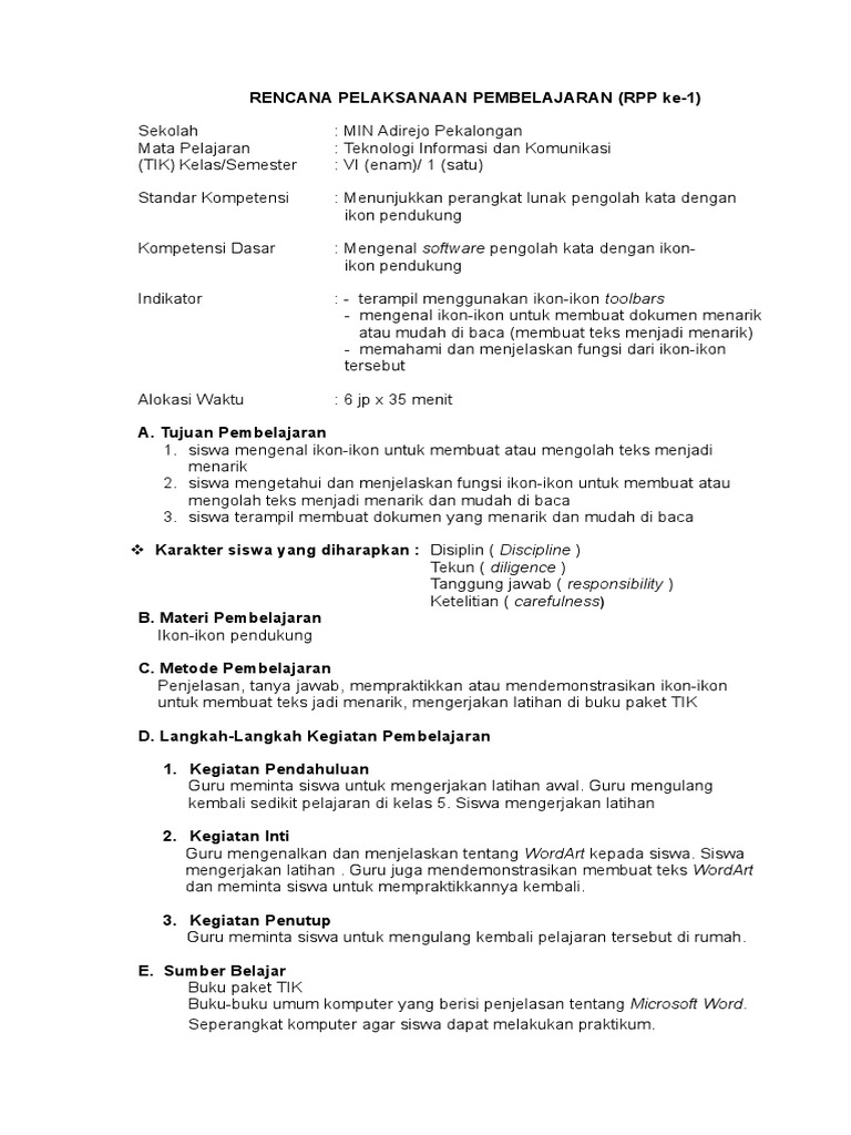 RPP TIK Kelas VI: Ikon WordArt | PDF | Seni | Komputer