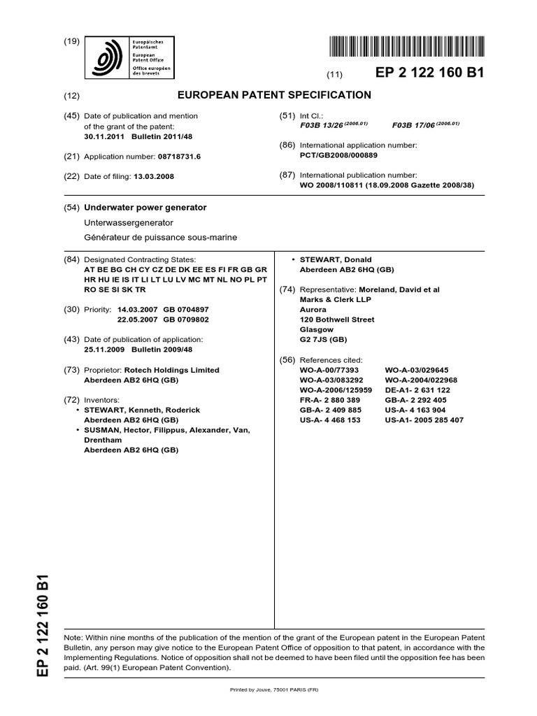 European Patent Specification: Power Generator | PDF | Tide | Electric ...