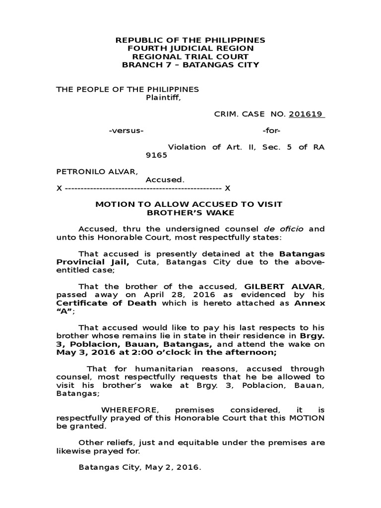 Motion To Allow Accused To Attend Burial - Doc (Asi) | PDF | Common Law ...