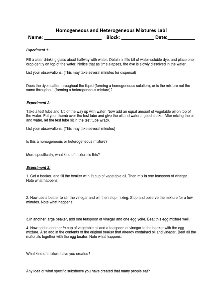 Homogeneous and Heterogeneous Mixtures Lab | PDF