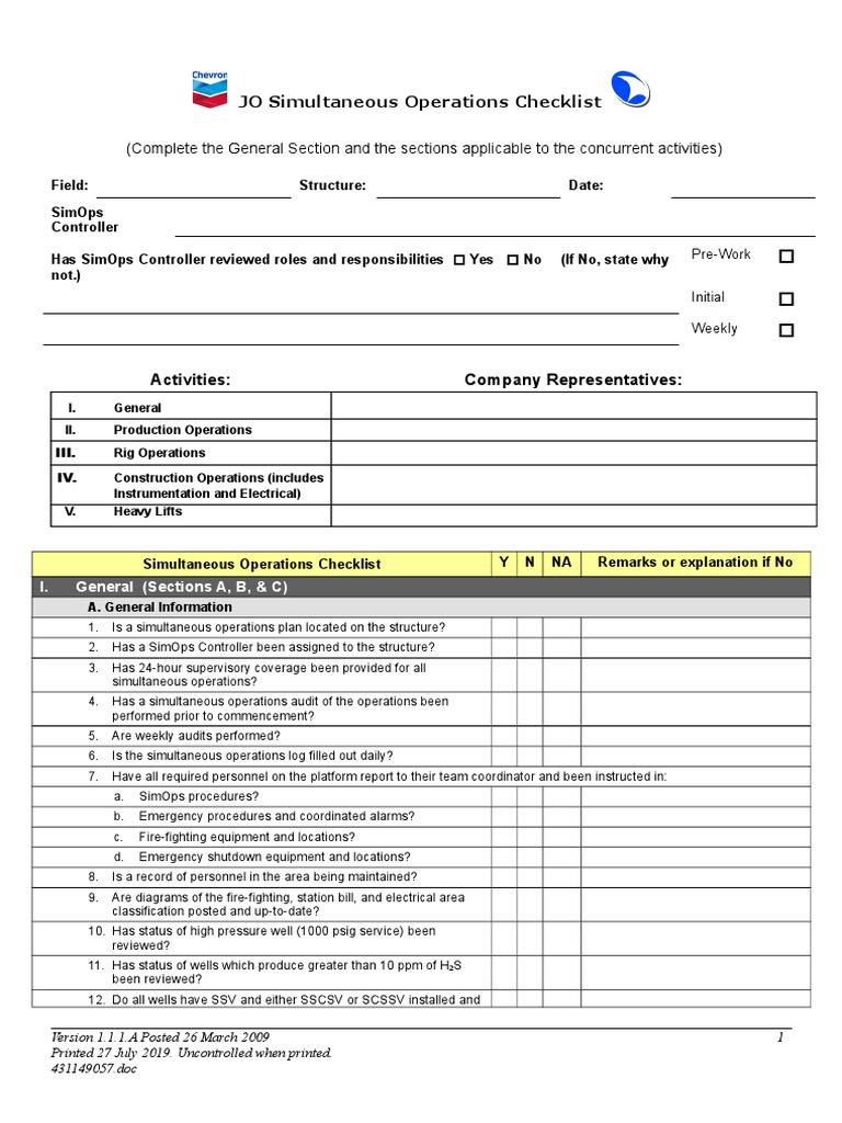 JO Simultaneous Operations Checklist | PDF | Pipe (Fluid Conveyance ...