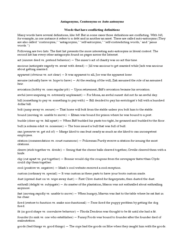 Antagonyms, Contronyms or Auto-Antonyms Words That Have Conflicting ...