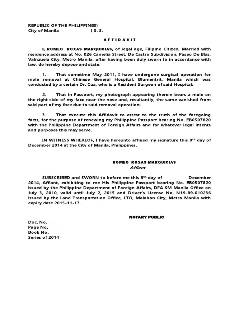 Affidavit I, Romeo Roxas Marquicias | PDF
