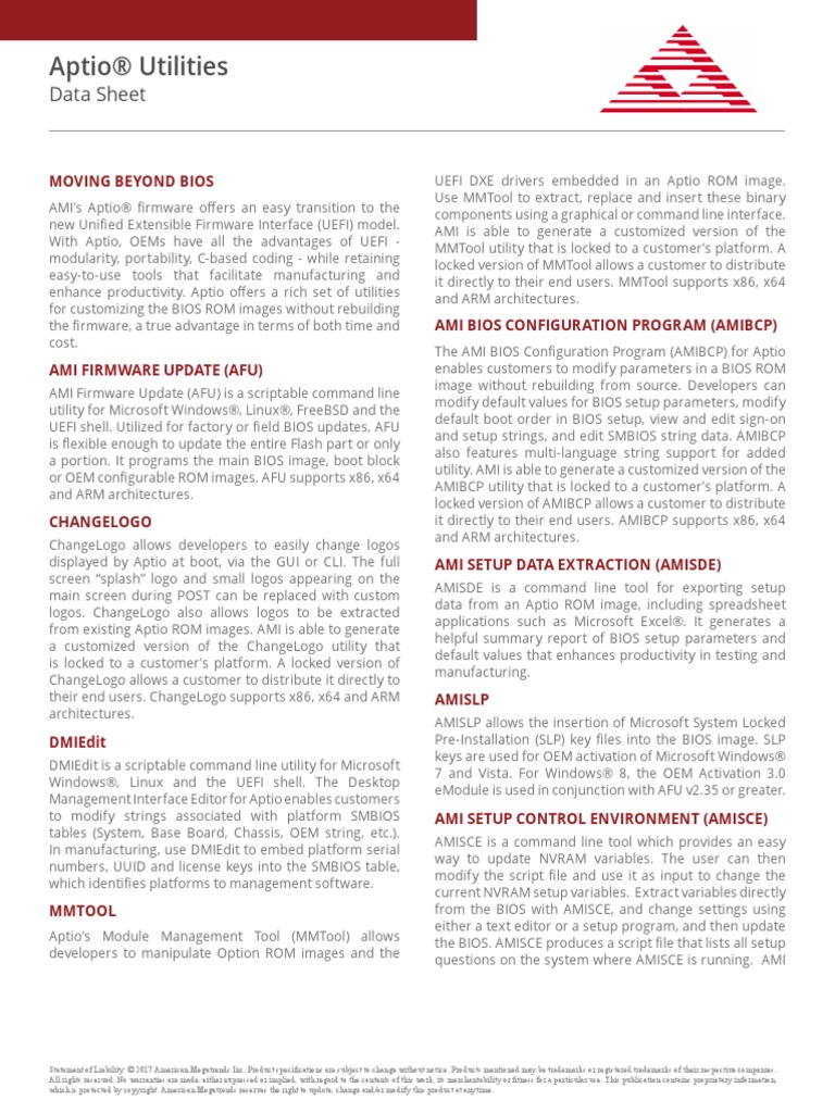 Aptio Utilities Data Sheet | PDF | Bios | Command Line Interface