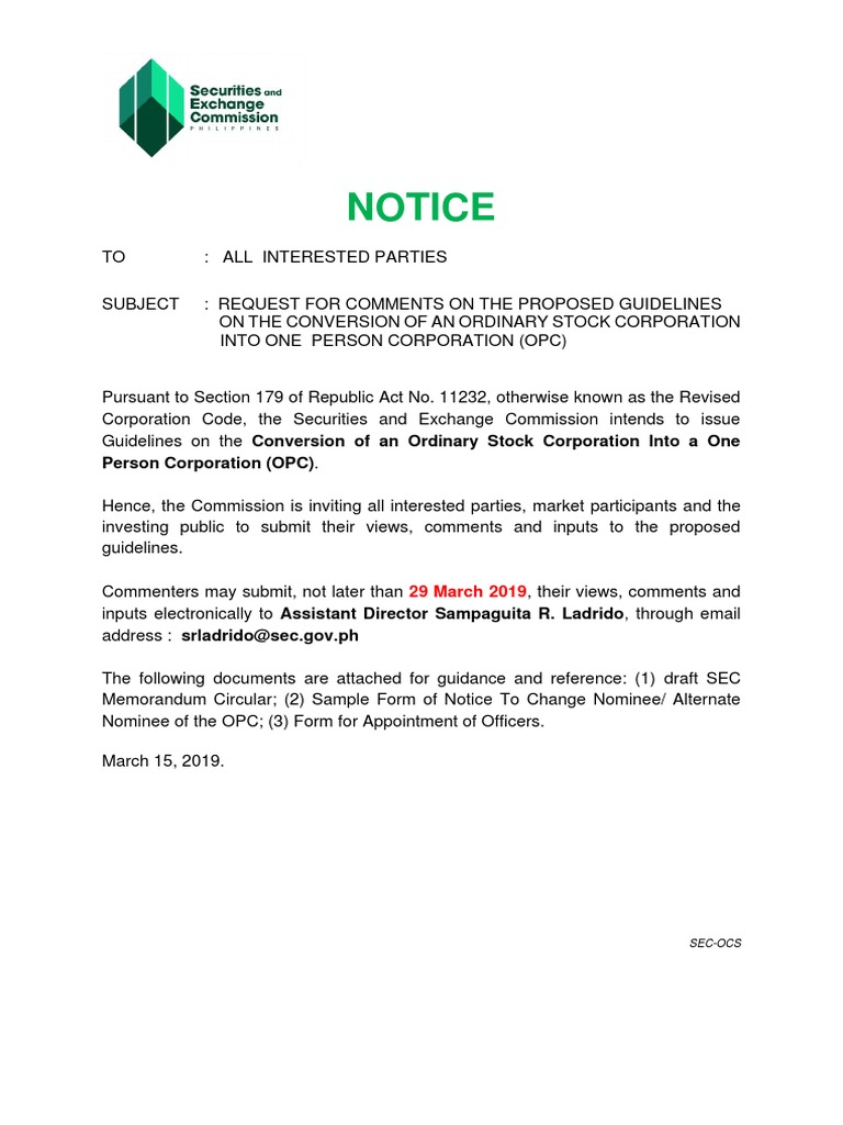 SEC Notice 2019-03-15 - RFC On Conversion of Corp To OPC | PDF ...