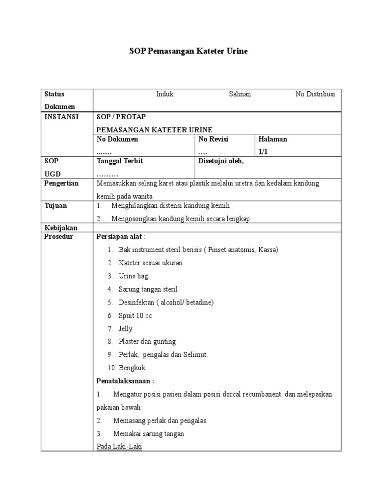 SOP Pemasangan Kateter Urine | PDF