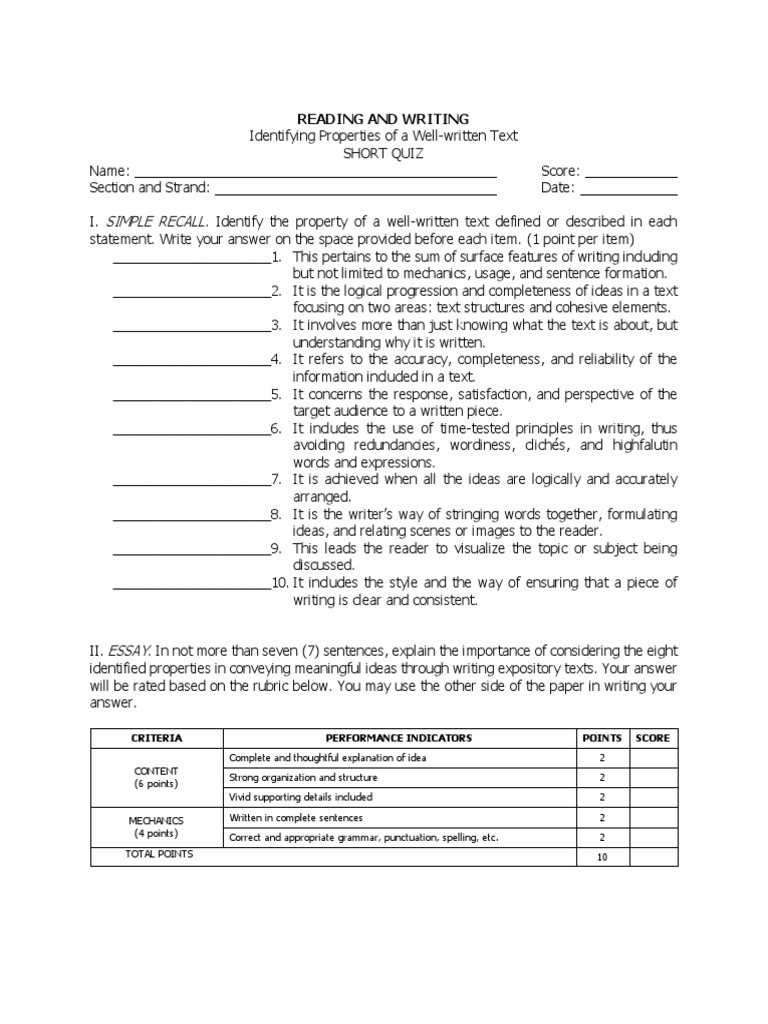 Properties of Well Written Text Worksheet PDF | PDF | Rubric (Academic ...